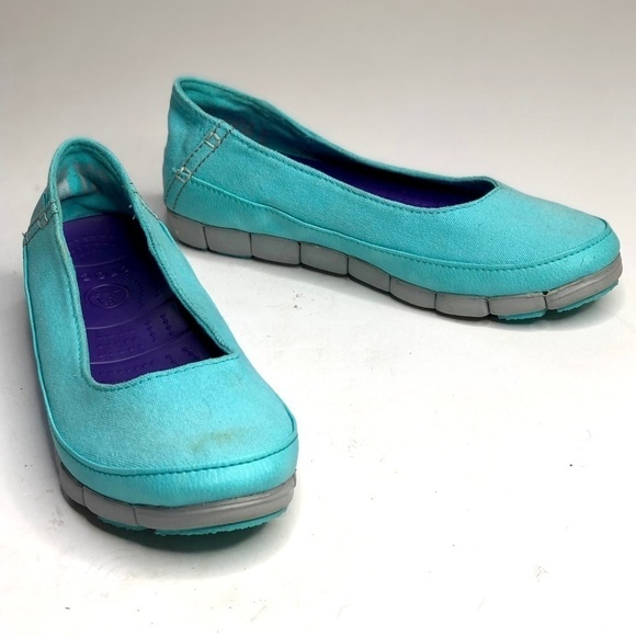 CROCS | Shoes | Crocs Stretch Your Sole Flat Ballet Shoe Blue Canvas ...